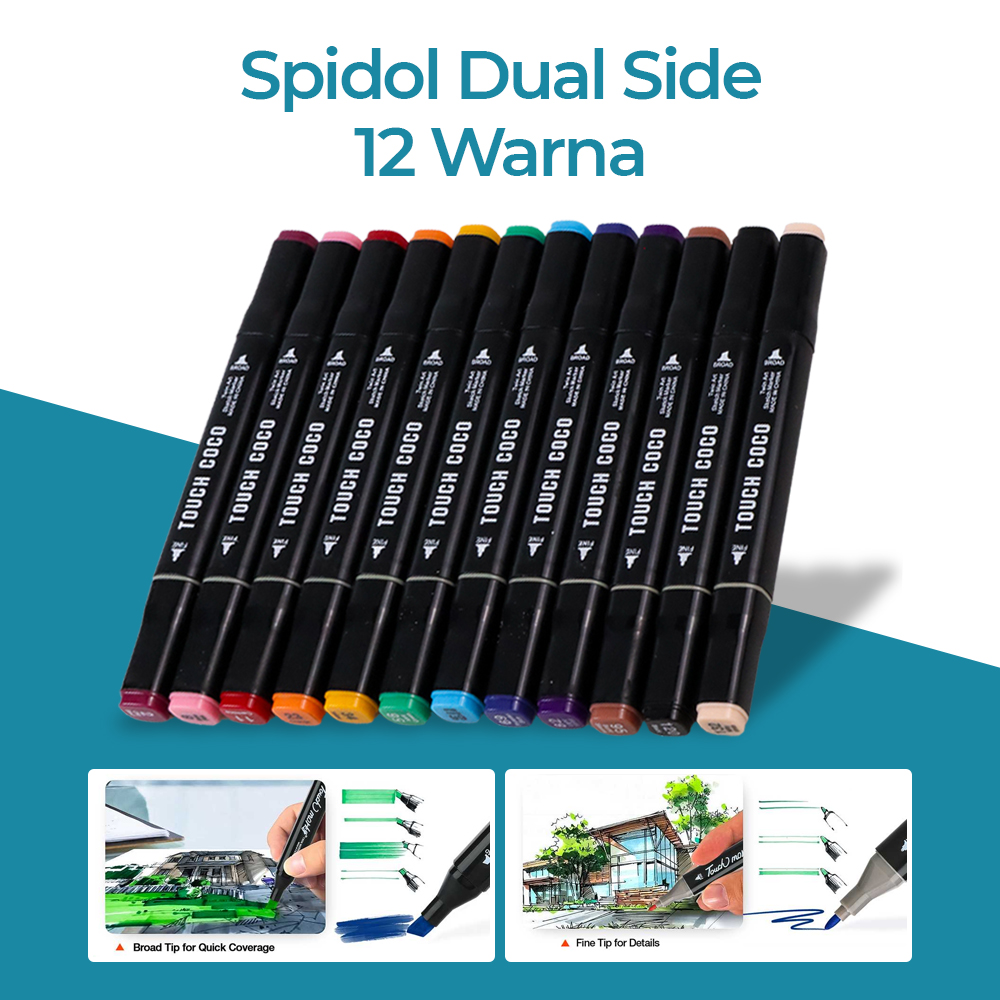 TOUCH COCO Spidol Dual Side Art Sketch Marker Drawing Set 12 Color ...