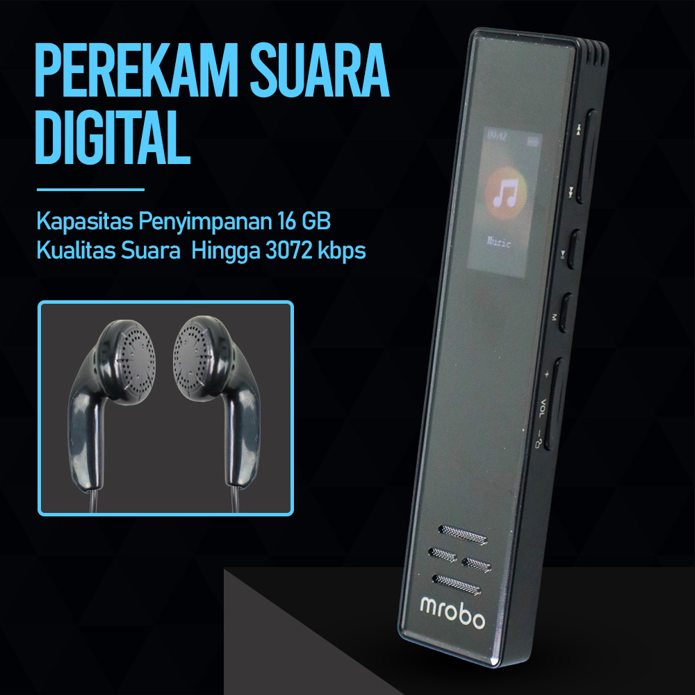 MROBO Perekam Suara Audio Digital Voice Recorder 16GB - A10 - Black ...