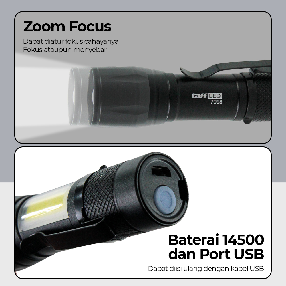 TaffLED Senter LED Mini Rechargeable Q5 dan COB 300 Lumens - 7098 ...